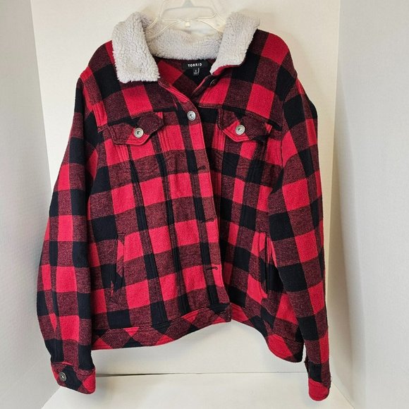 torrid | Jackets & Coats | Torrid Red Buffalo Plaid Trucker Jacket Plus ...